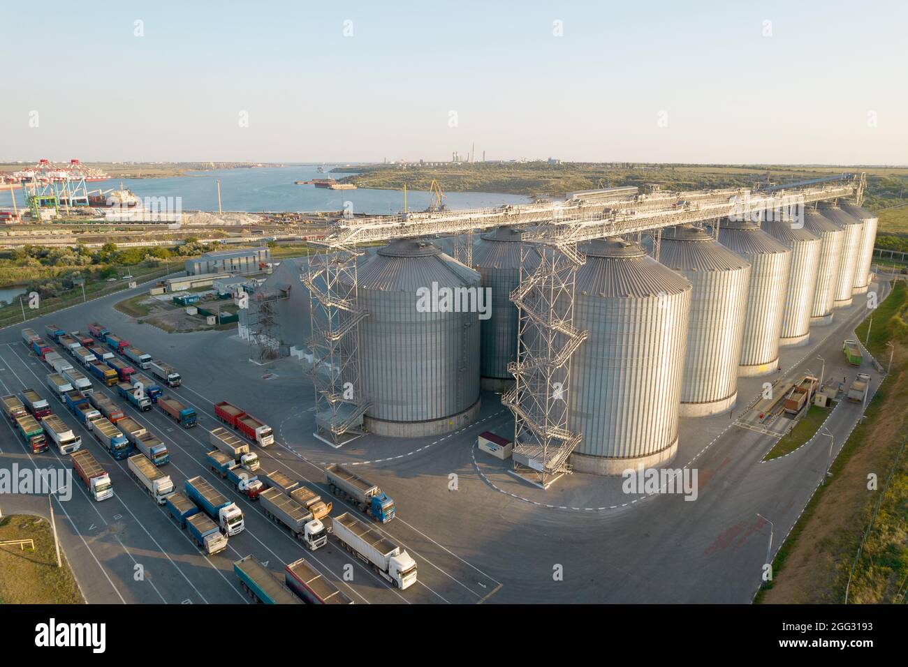 Grain terminals of modern sea commercial port. Silos for storing grain ...