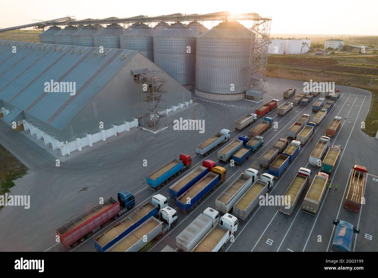 Grain terminals of modern sea commercial port. Silos for storing grain ...