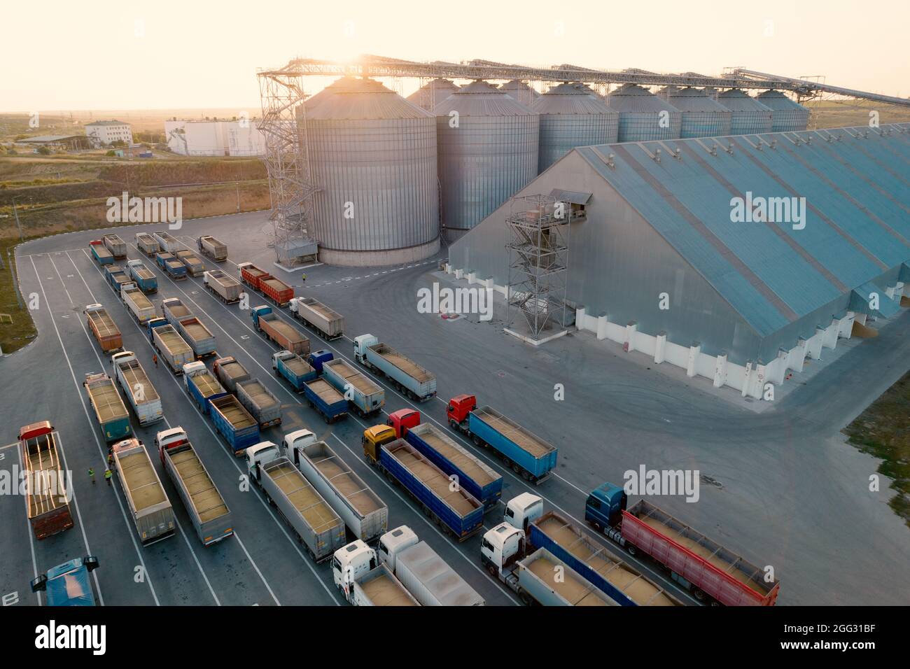 Grain terminals of modern sea commercial port. Silos for storing grain ...