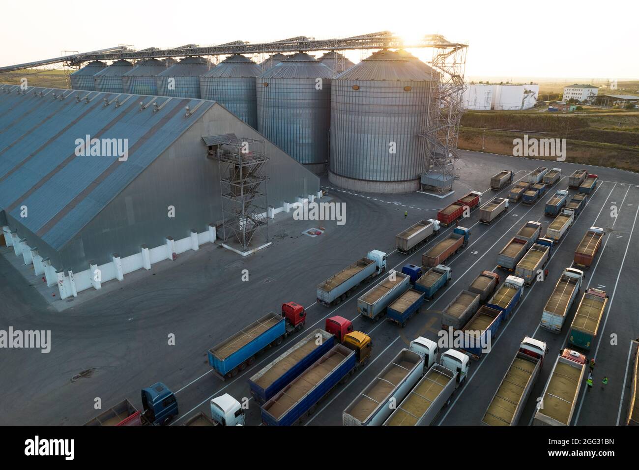 Grain terminals of modern sea commercial port. Silos for storing grain ...