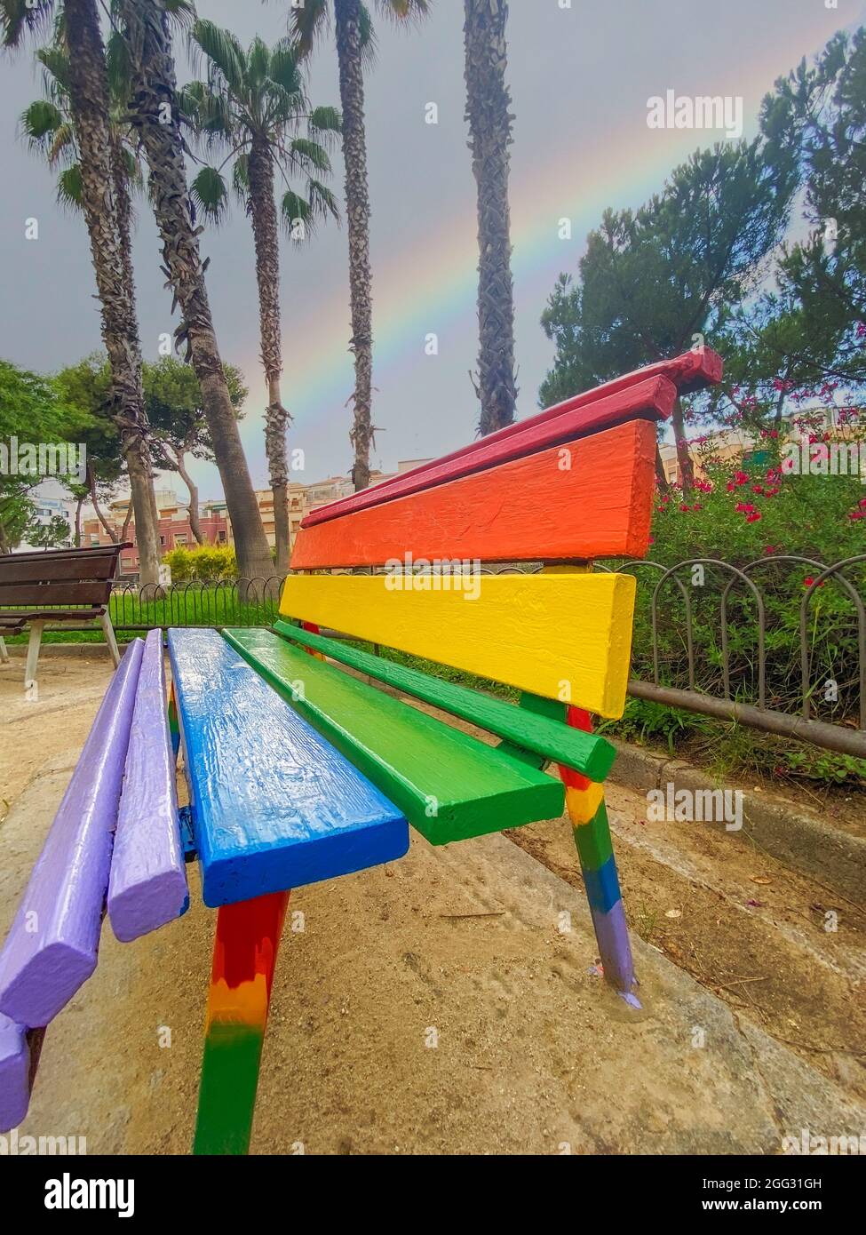 Vertical shot of a cute colorful bench in the park with palms and roses ...