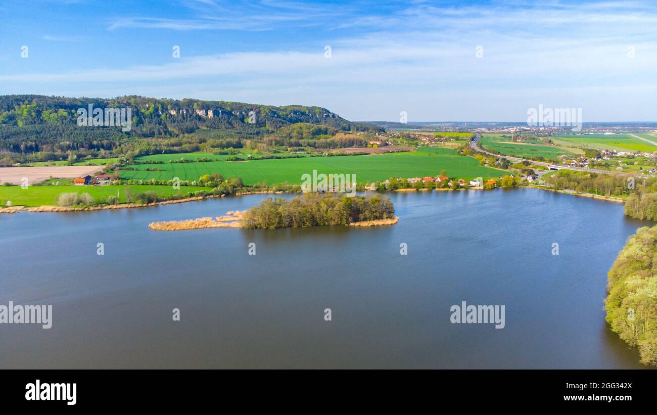 Rural landscape with Zabakor lake and Prihrazy sandstone rocks ...