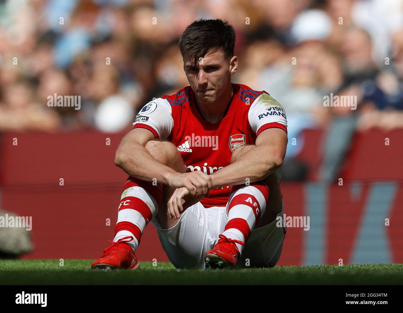 Manchester, England, 28th August 2021. Kieran Tierney of Arsenal reacts ...