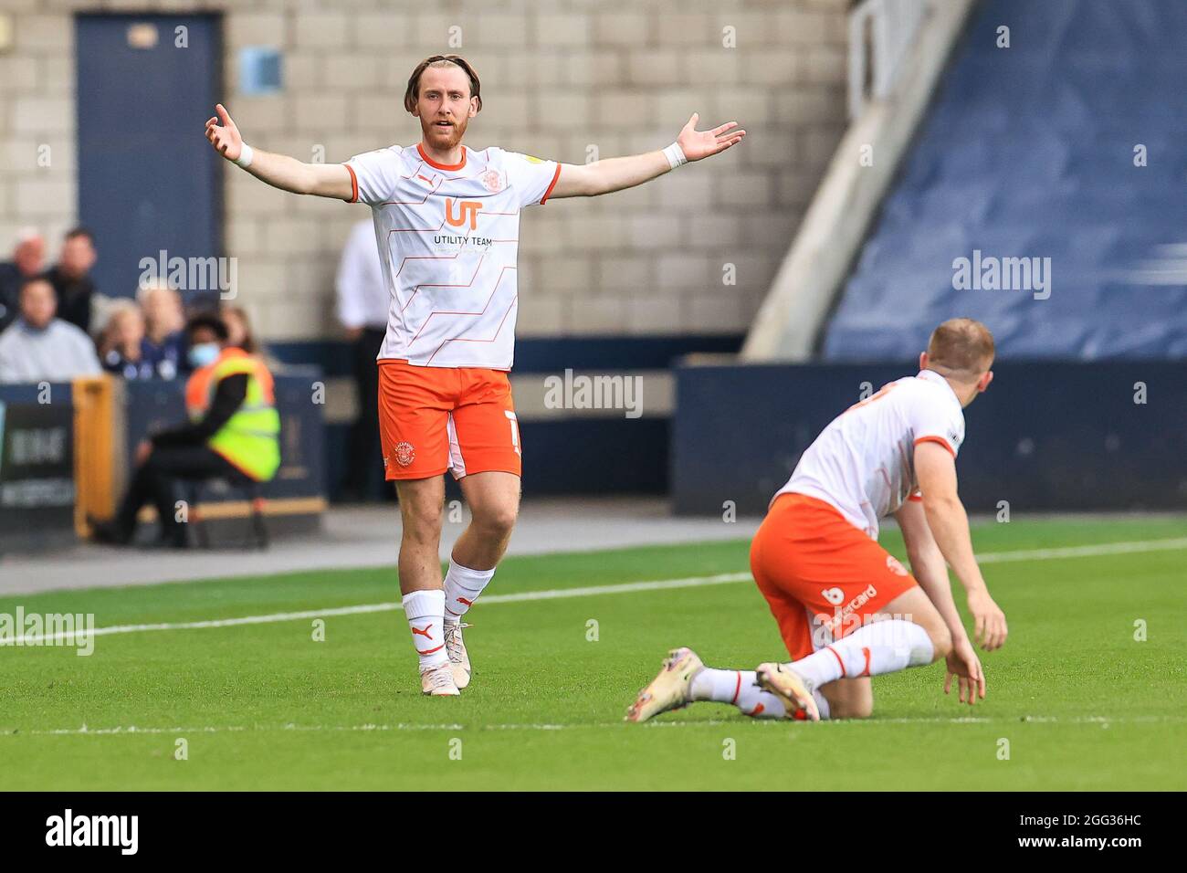 Josh Bowler #11 of Blackpool appeals to the Referee Gavin Ward after ...