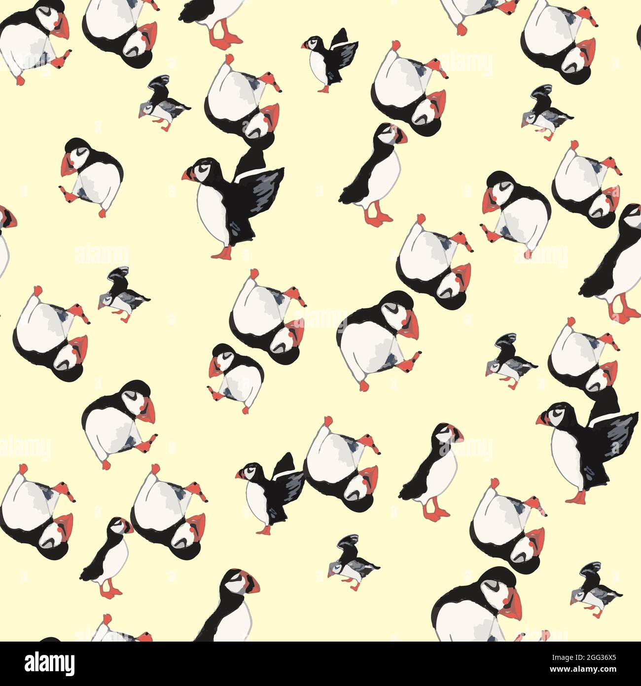 Vector yellow background ocean seabird, arctic birds, puffins. Seamless ...