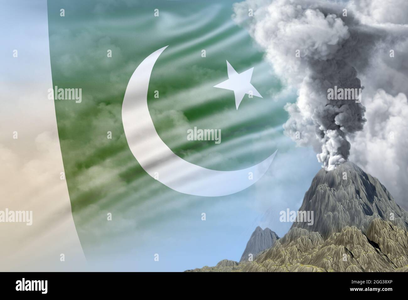 volcano eruption at day time with white smoke on Pakistan flag ...