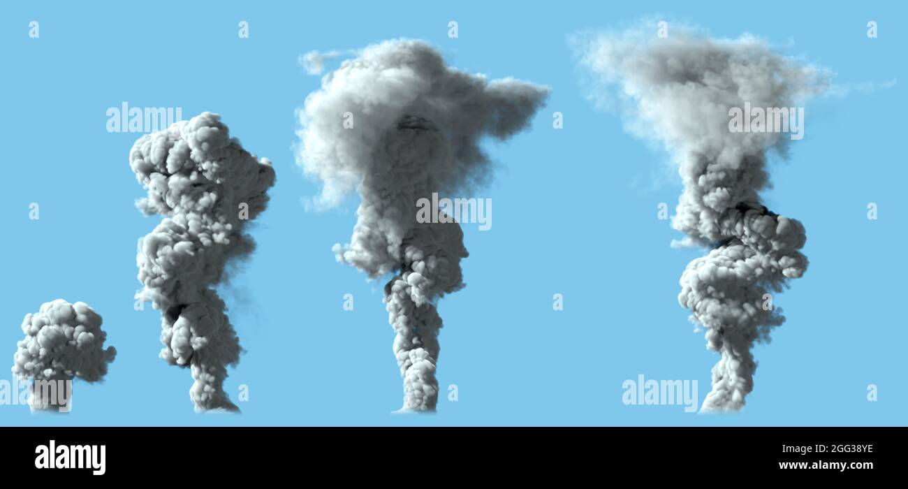 4 different images of solid gray smoke column as from volcano or big ...