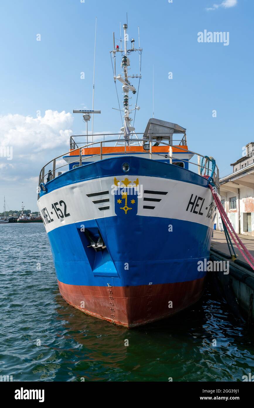 Hel, Poland - 08.02.2021: Front closeup shot of blue fishing boat with ...