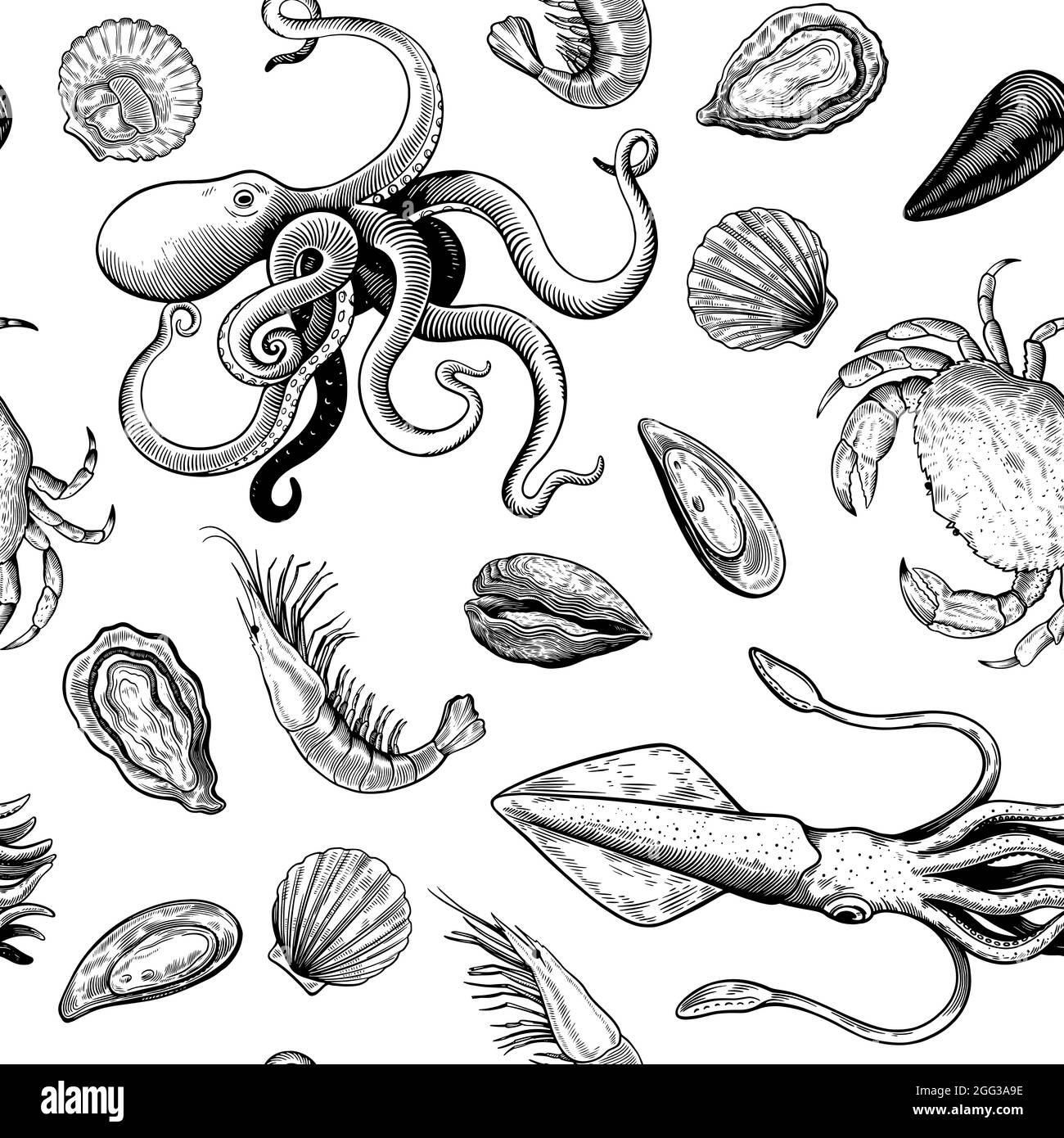 Seamless pattern with seafood elements in hand drawn woodcut style in ...