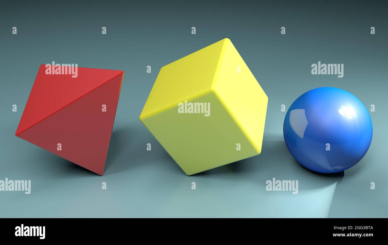 3D Geometrical objects in line - 3D rendering illustration Stock Photo ...