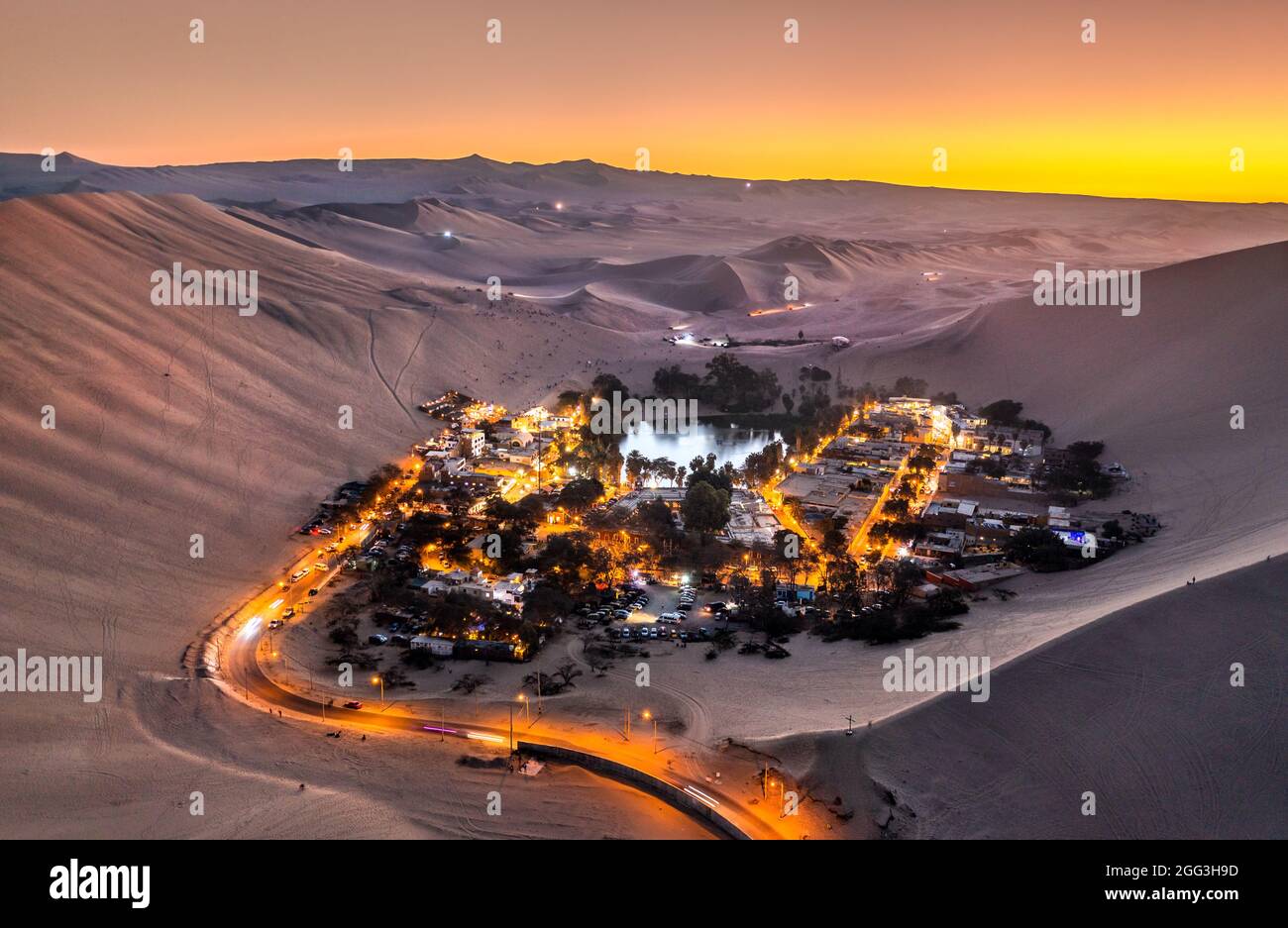 Aerial sunset view of the Huacachina Oasis in Peru Stock Photo - Alamy