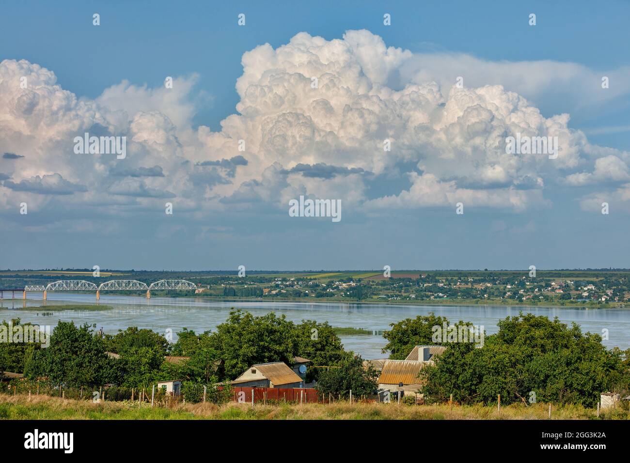Southern Bug river and rural summer landscape, view of the village ...