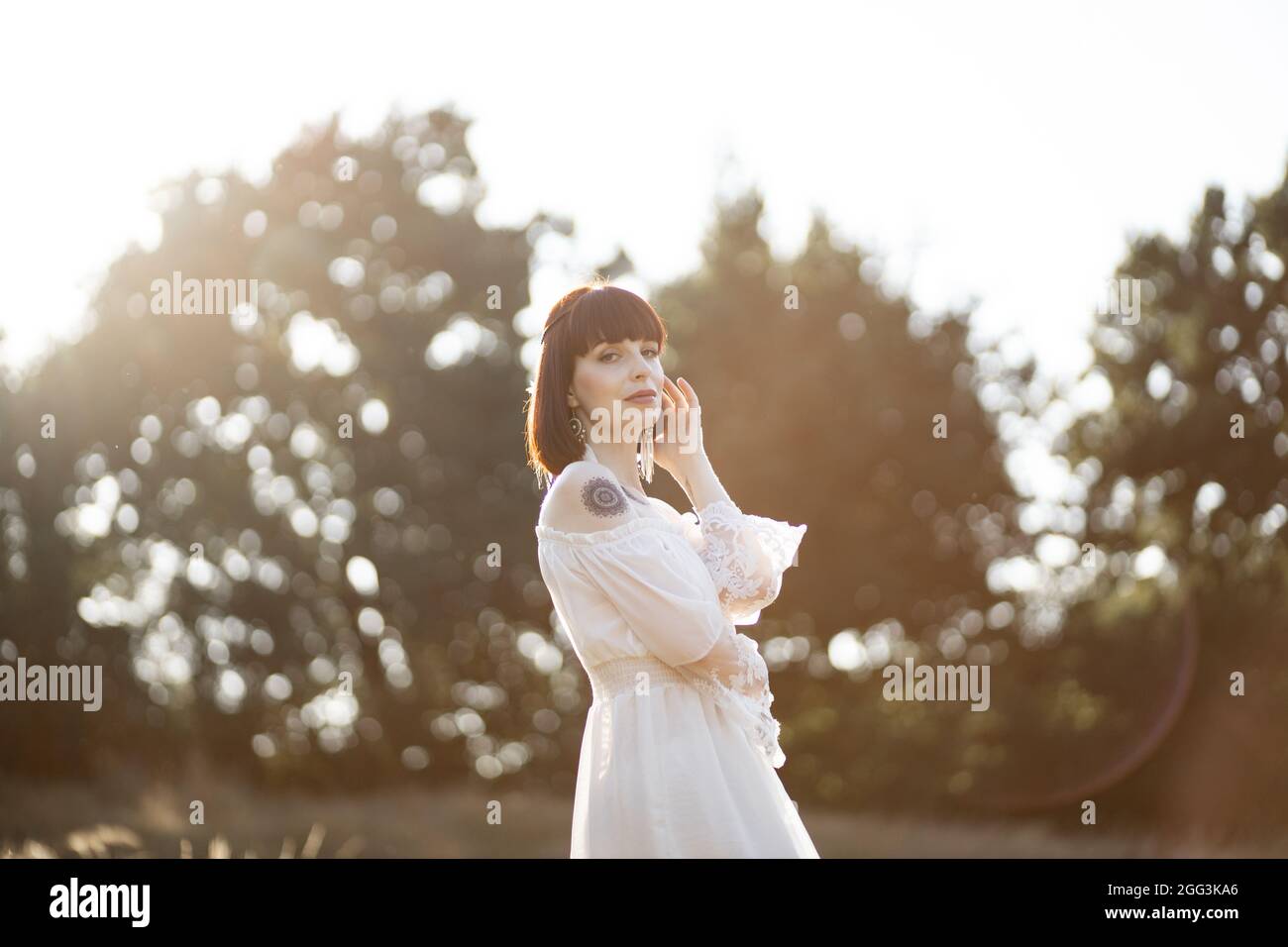 Summer, tribal nation, beautiful women concept. Pretty thoughtful woman ...