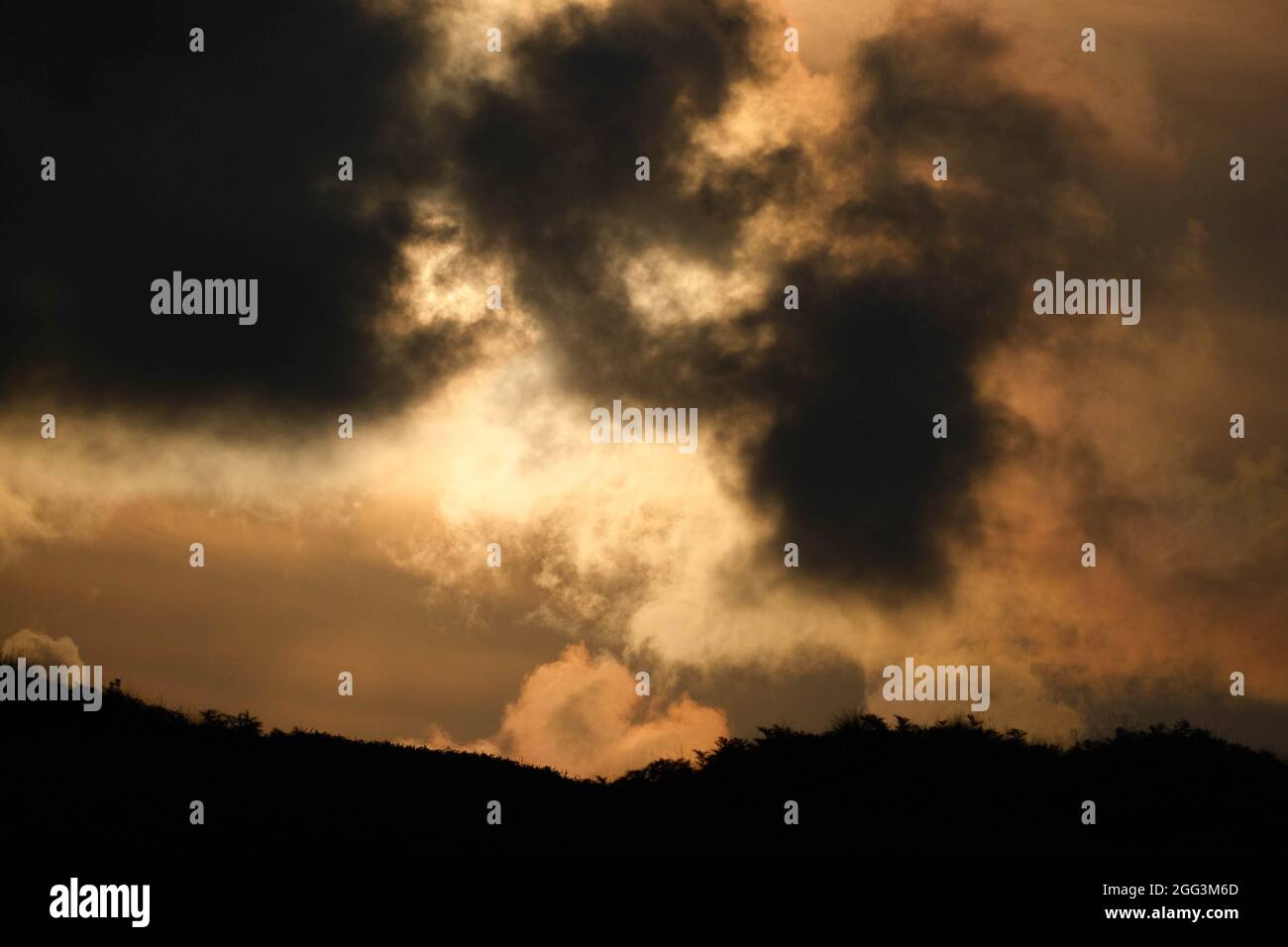 A dark and brooding sky with a close horizon or skyline of vegetation ...
