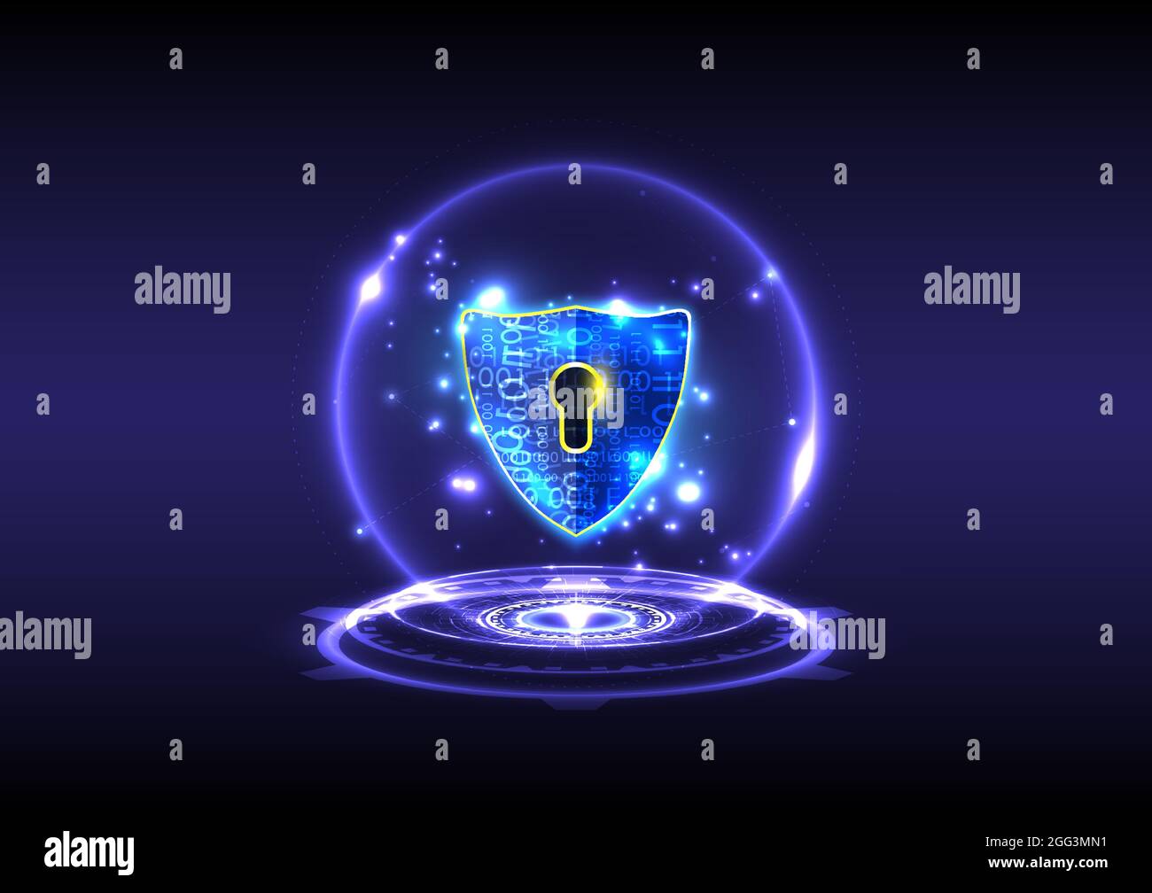 Futuristic glowing HUD of hologram padlock with keyhole-shield icon in ...