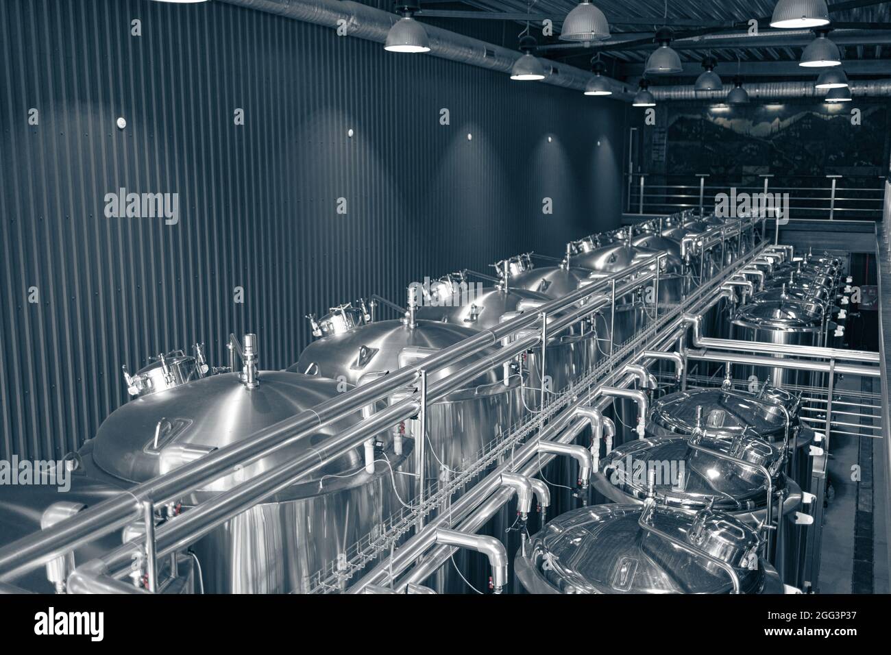 Stainless steel pipes in the factory. Craft beer production line in ...