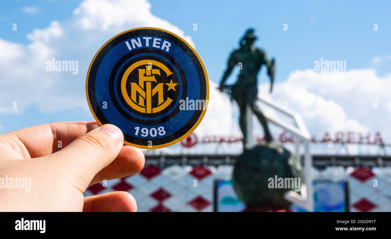 June 14, 2021 Milan, Italy. The emblem of the football club Inter Milan ...