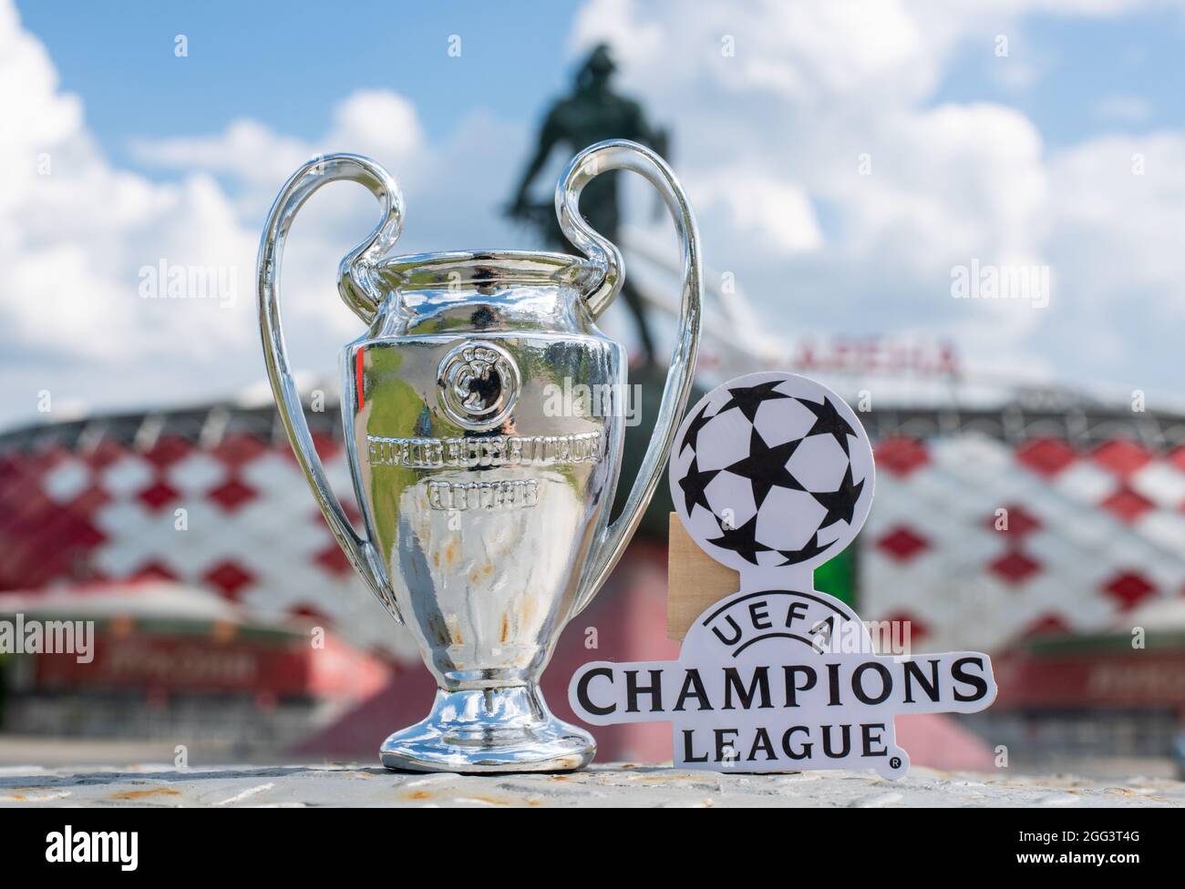 June 14, 2021 Moscow, Russia, UEFA Champions League Cup and emblem in ...