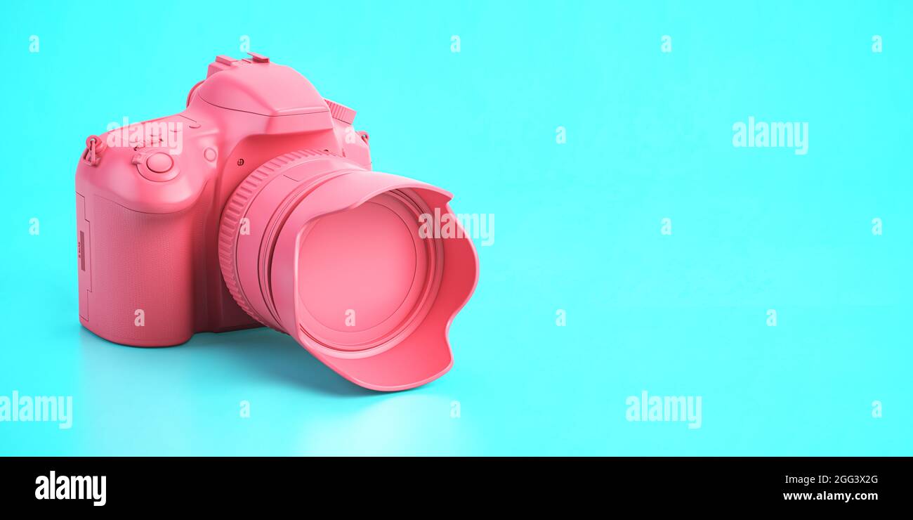 Pink DSLR photo camera on cyan background. 3d illustration Stock Photo ...