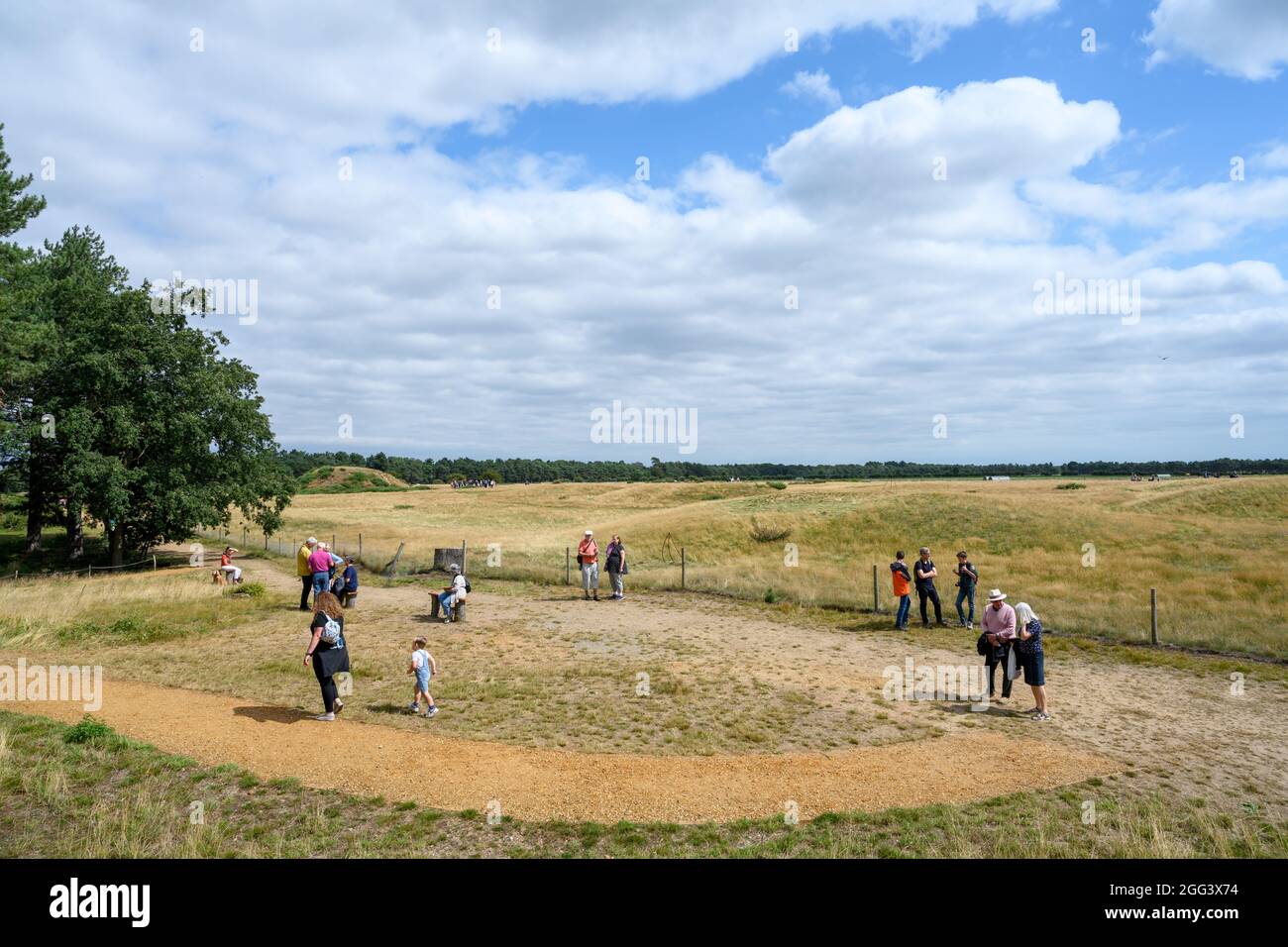 People in front of the viewing tower, Sutton Hoo, Suffolk, East Anglia ...