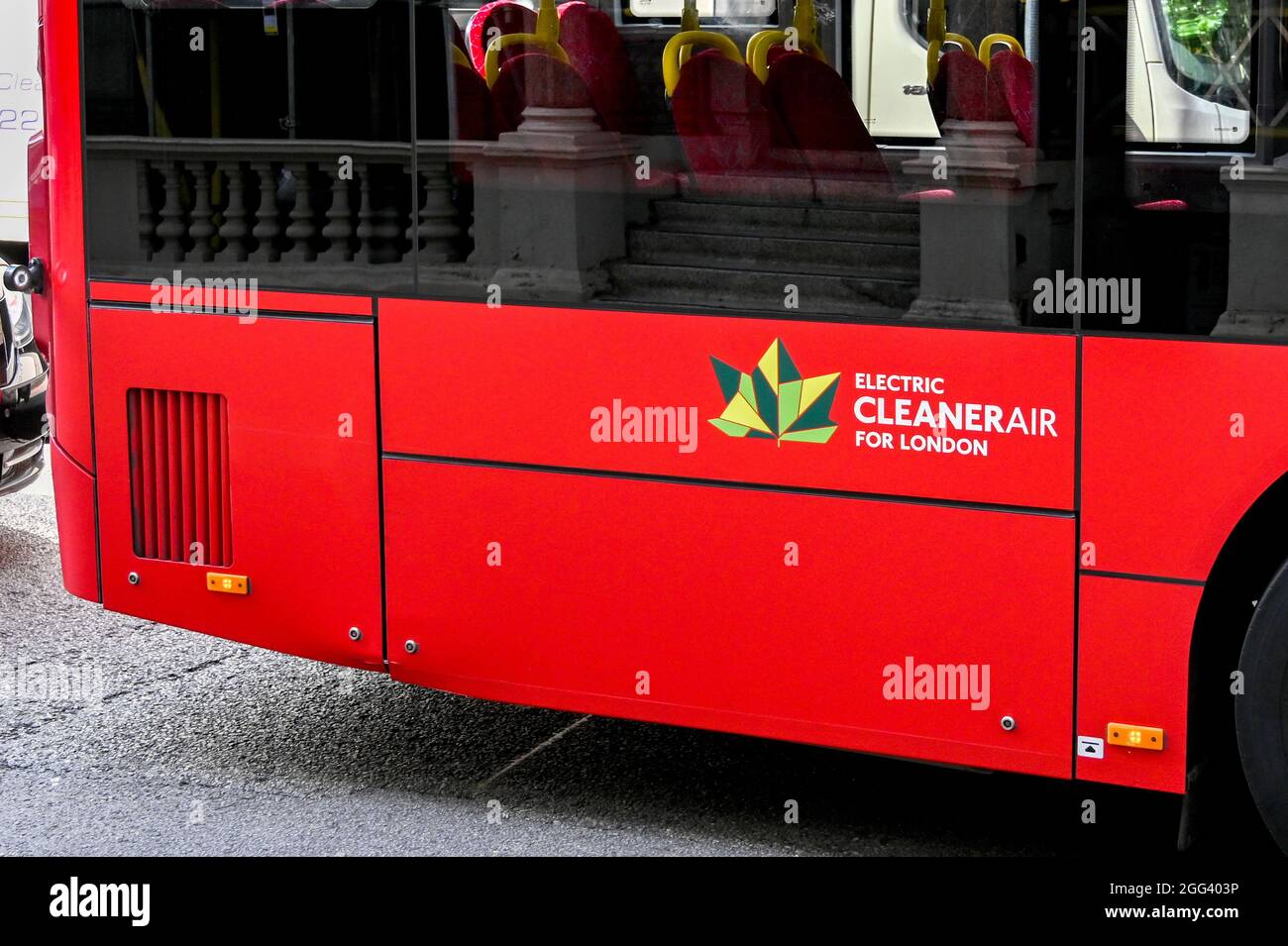 London, England - August 2021: Sign on the side of a London bus fully ...