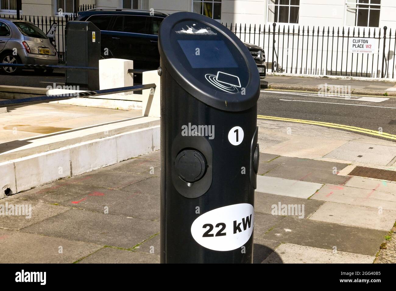 London, England - August 2021: Electric car charging station on a city ...