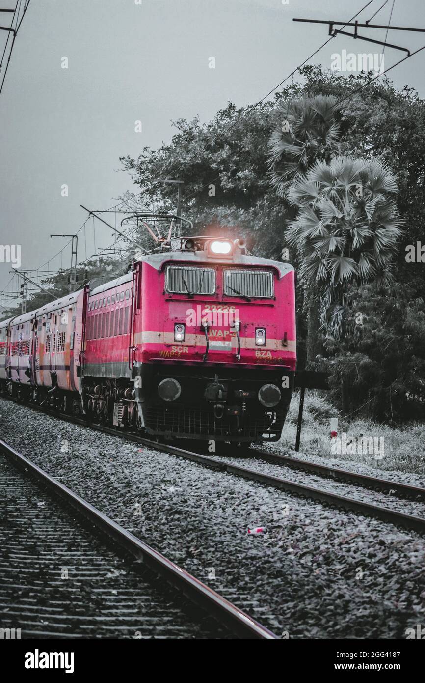 HYDERABAD, INDIA - Sep 05, 2020: A vertical shot of a red vintage train ...
