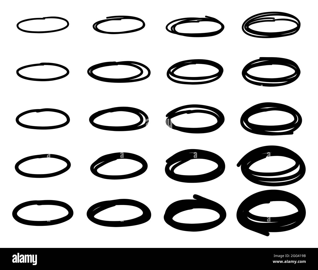 Oval hand drawn shapes. Doodle highlighter handwritten circle. Vector ...