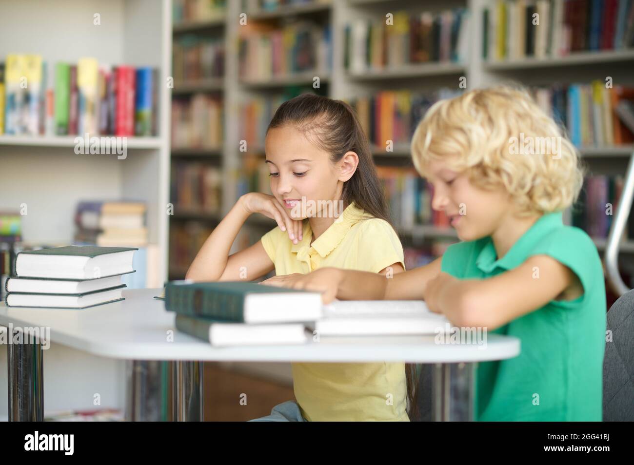 Two classmates studying at a public library Stock Photo - Alamy