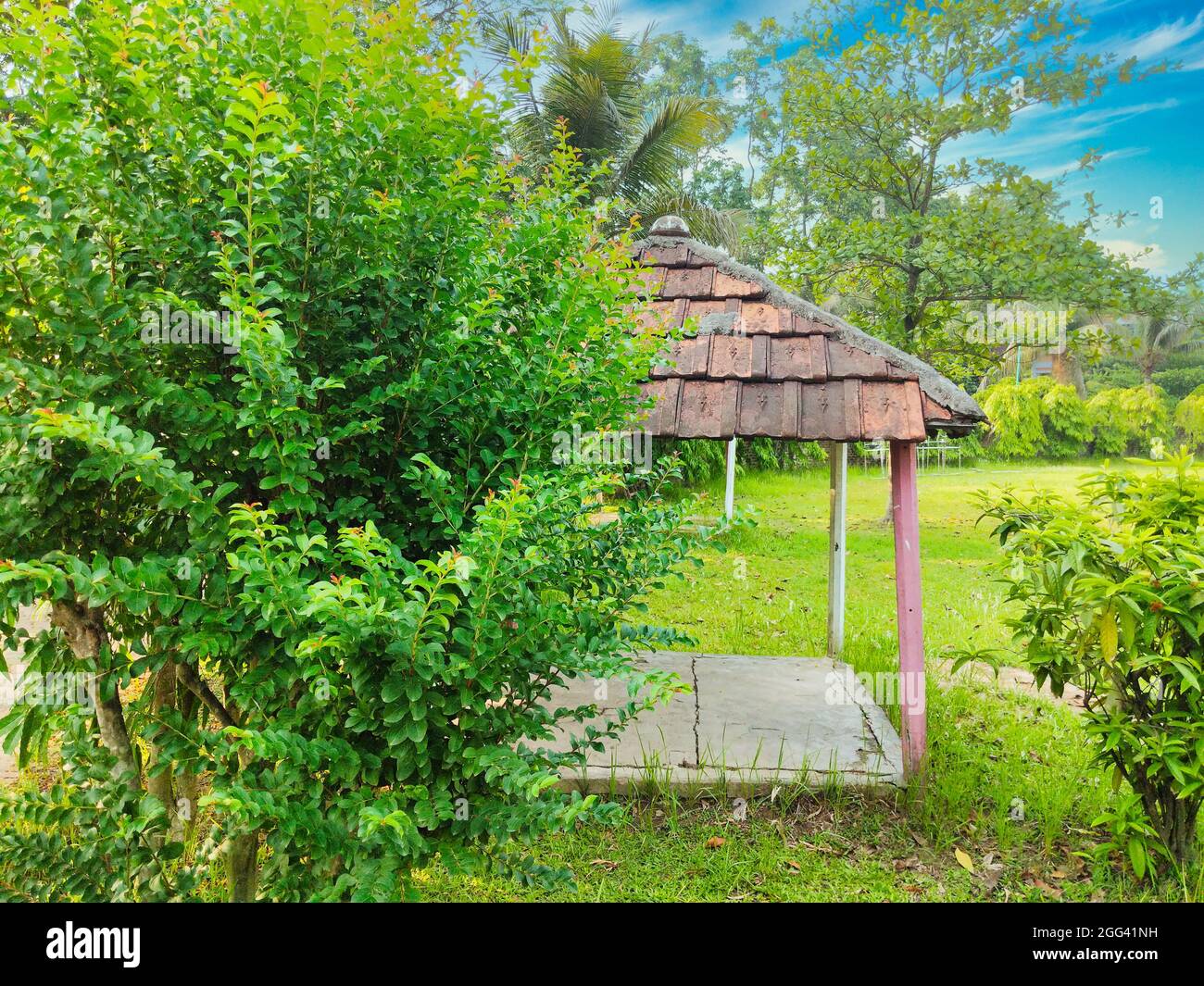 Old pavilion with shingles roof Stock Photo - Alamy