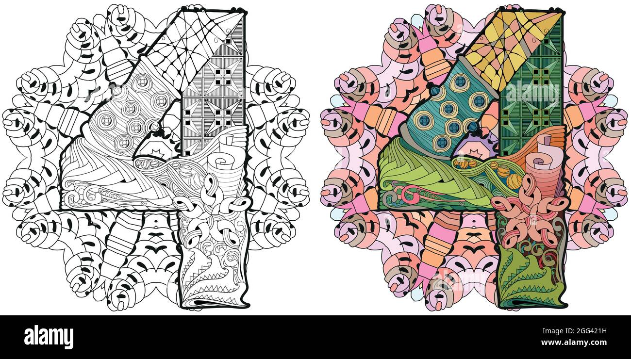 Hand-painted art design. Illustration mandala with numero four. Colored ...