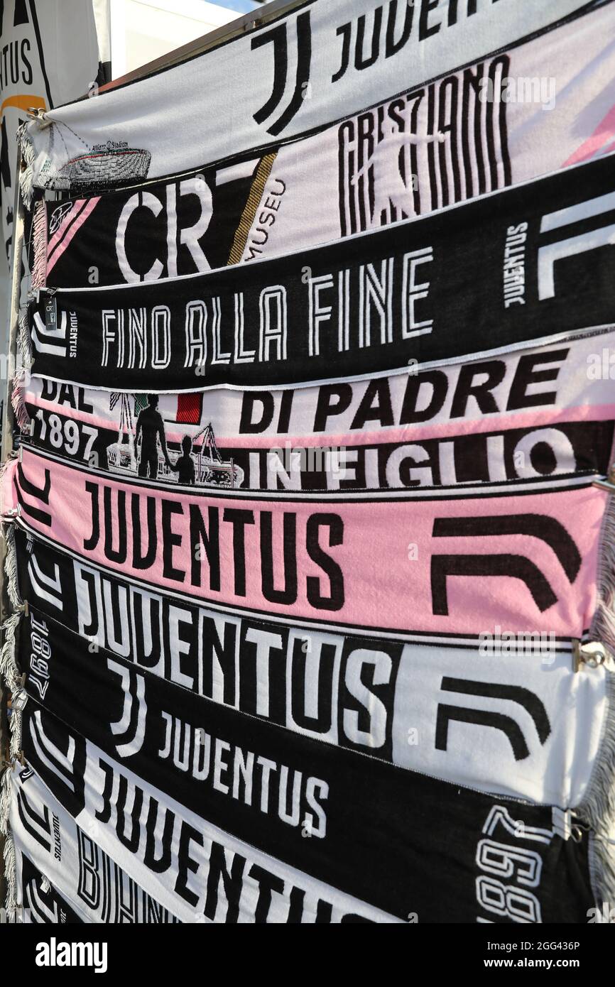 Turin, Italy, 28th August 2021. Merchandise for sale on a stand outside ...