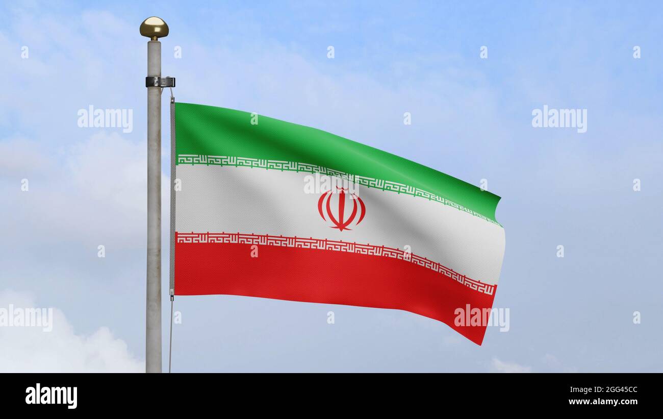 3D, Iranian flag waving on wind with blue sky and clouds. Iran banner ...