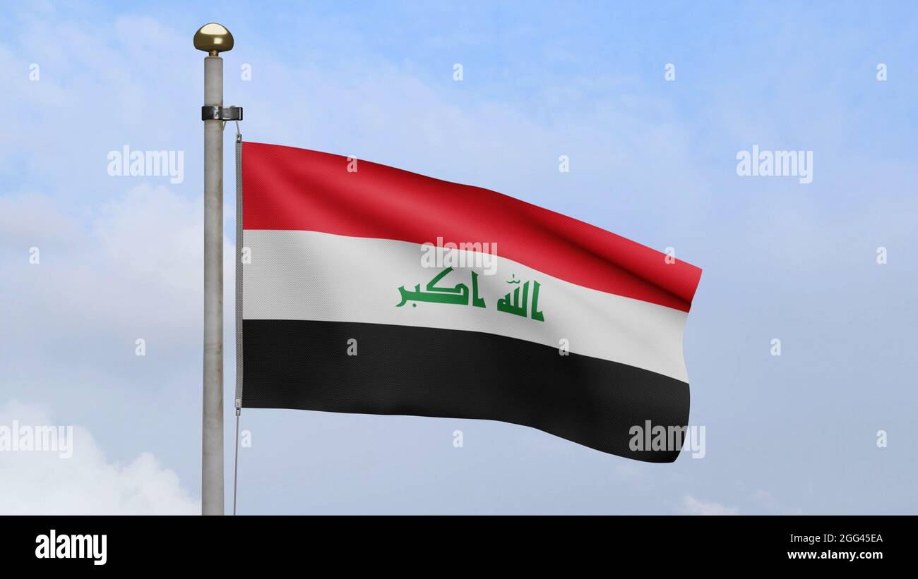 3D, Iraqi flag waving on wind with blue sky and clouds. Iraq banner ...