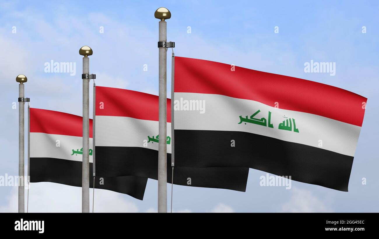 3D, Iraqi flag waving on wind with blue sky and clouds. Close up of ...