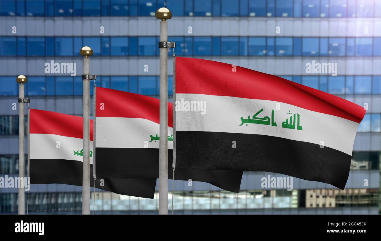 3D, Iraqi flag waving on wind with modern skyscraper city. Iraq banner ...