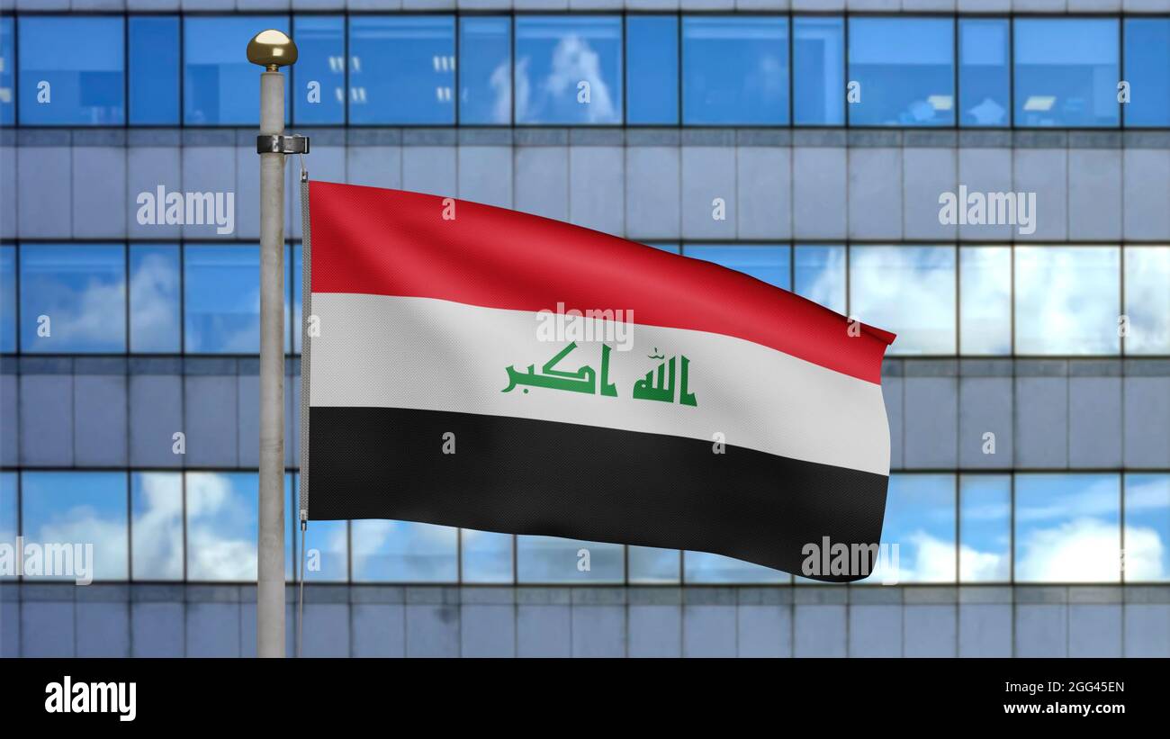 3D, Iraqi flag waving on wind with modern skyscraper city. Iraq banner ...