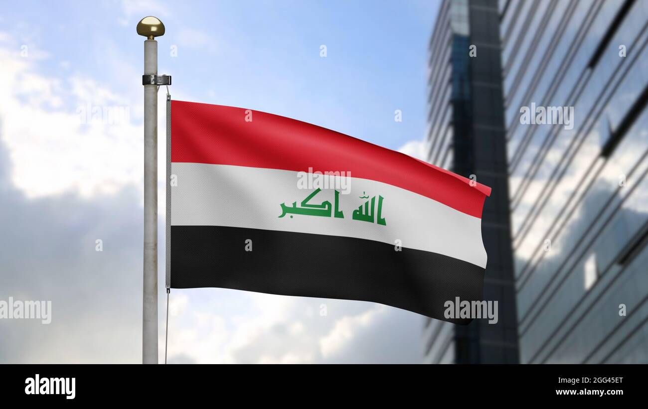 3D, Iraqi flag waving on wind with modern skyscraper city. Iraq banner ...