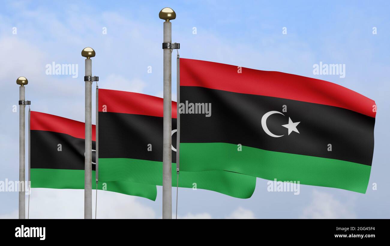 3D, Libyan flag waving on wind with blue sky and clouds. Close up of ...