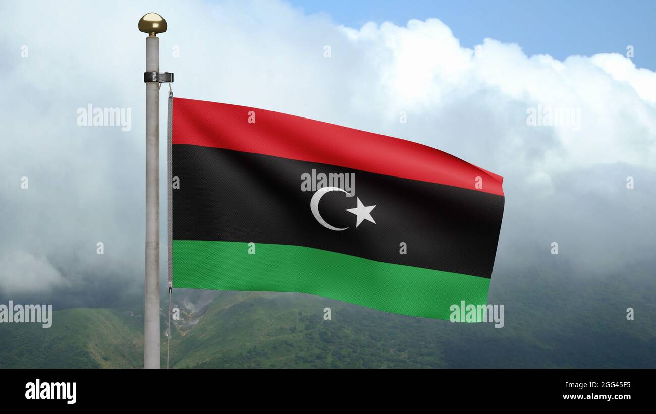 3D, Libyan flag waving on wind at mountain. Libya banner blowing smooth ...