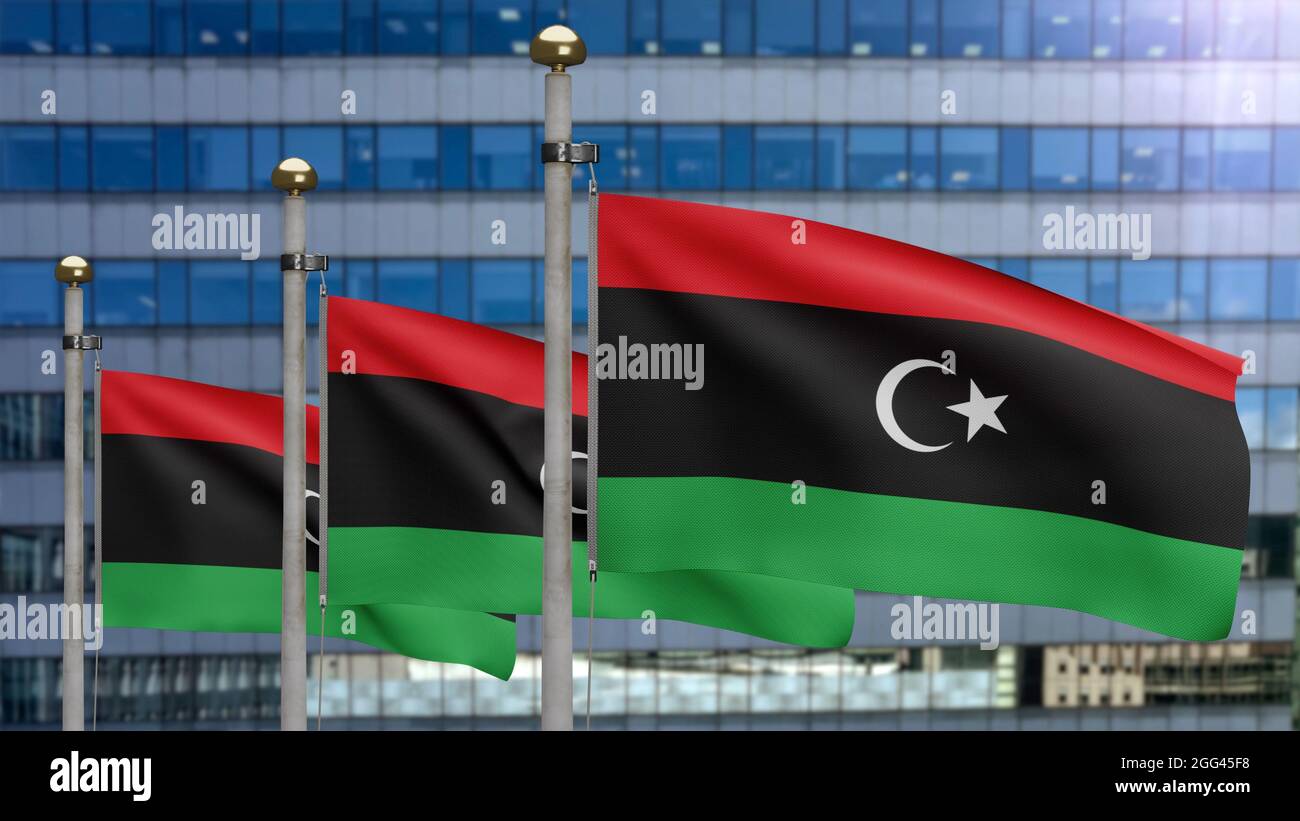 3D, Libyan flag waving on wind with modern skyscraper city. Libya ...