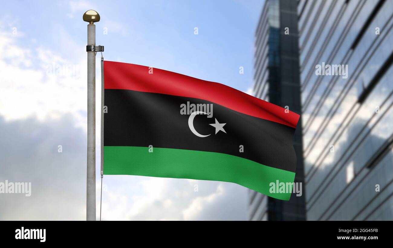 3D, Libyan flag waving on wind with modern skyscraper city. Libya ...