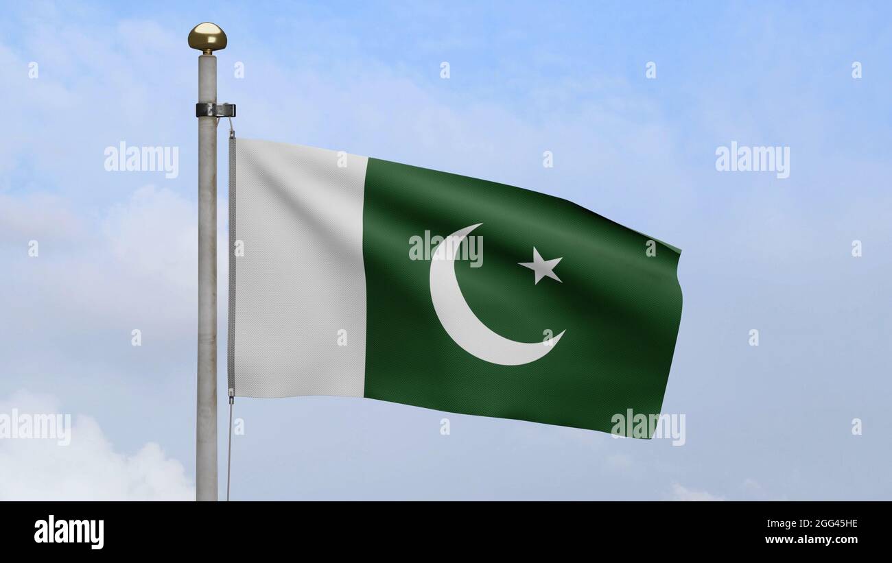 3D, Pakistani flag waving on wind with blue sky and clouds. Pakistan ...