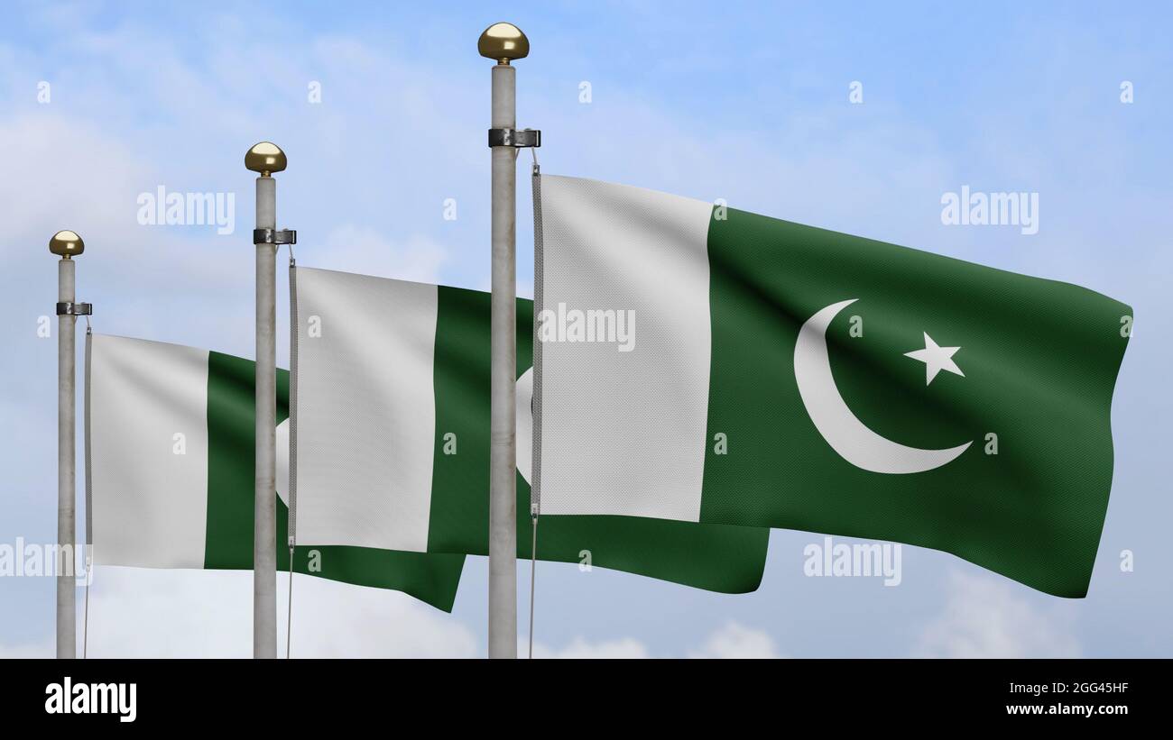 3D, Pakistani flag waving on wind with blue sky and clouds. Close up of ...
