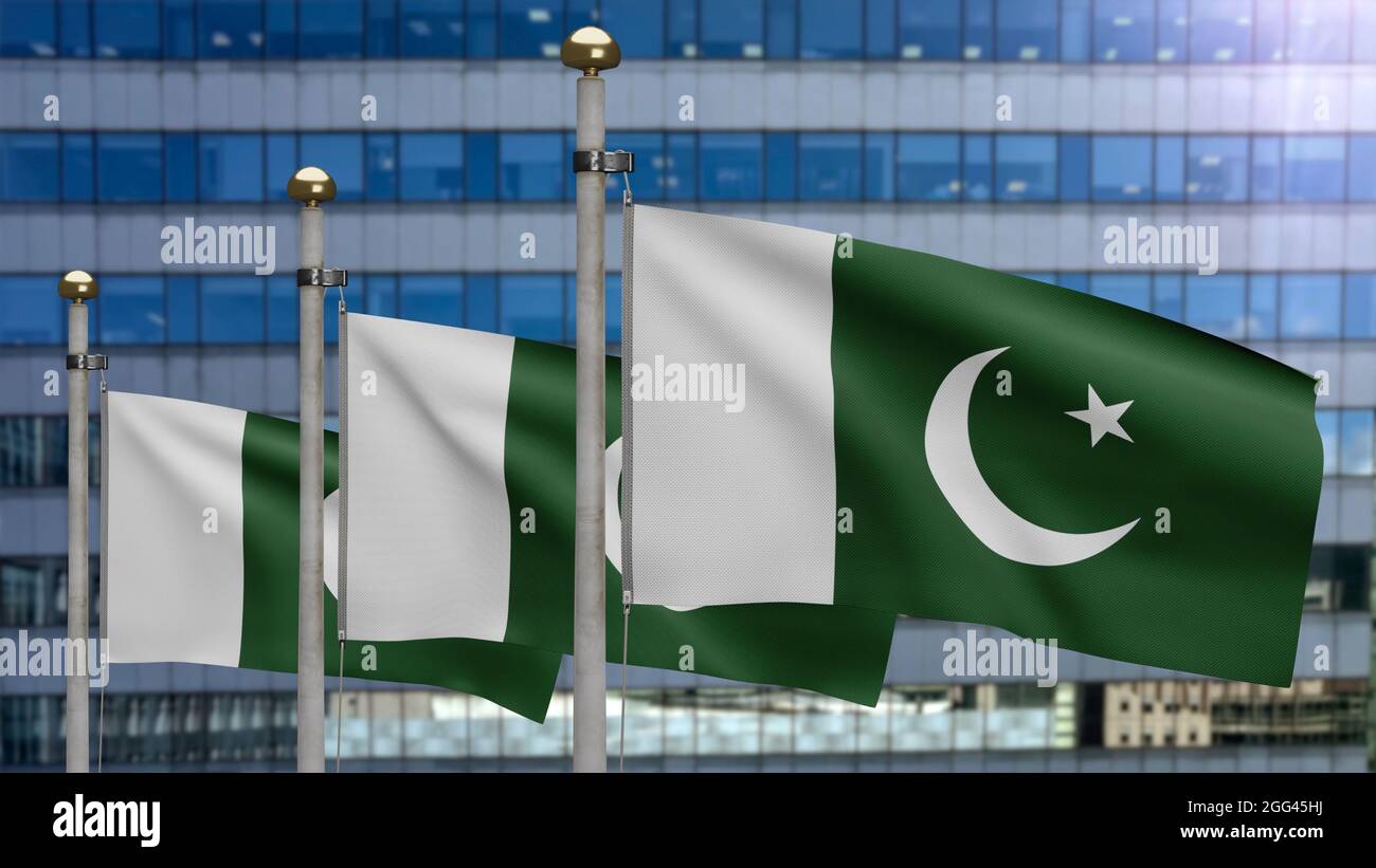 3D, Pakistani flag waving on wind with modern skyscraper city. Pakistan ...