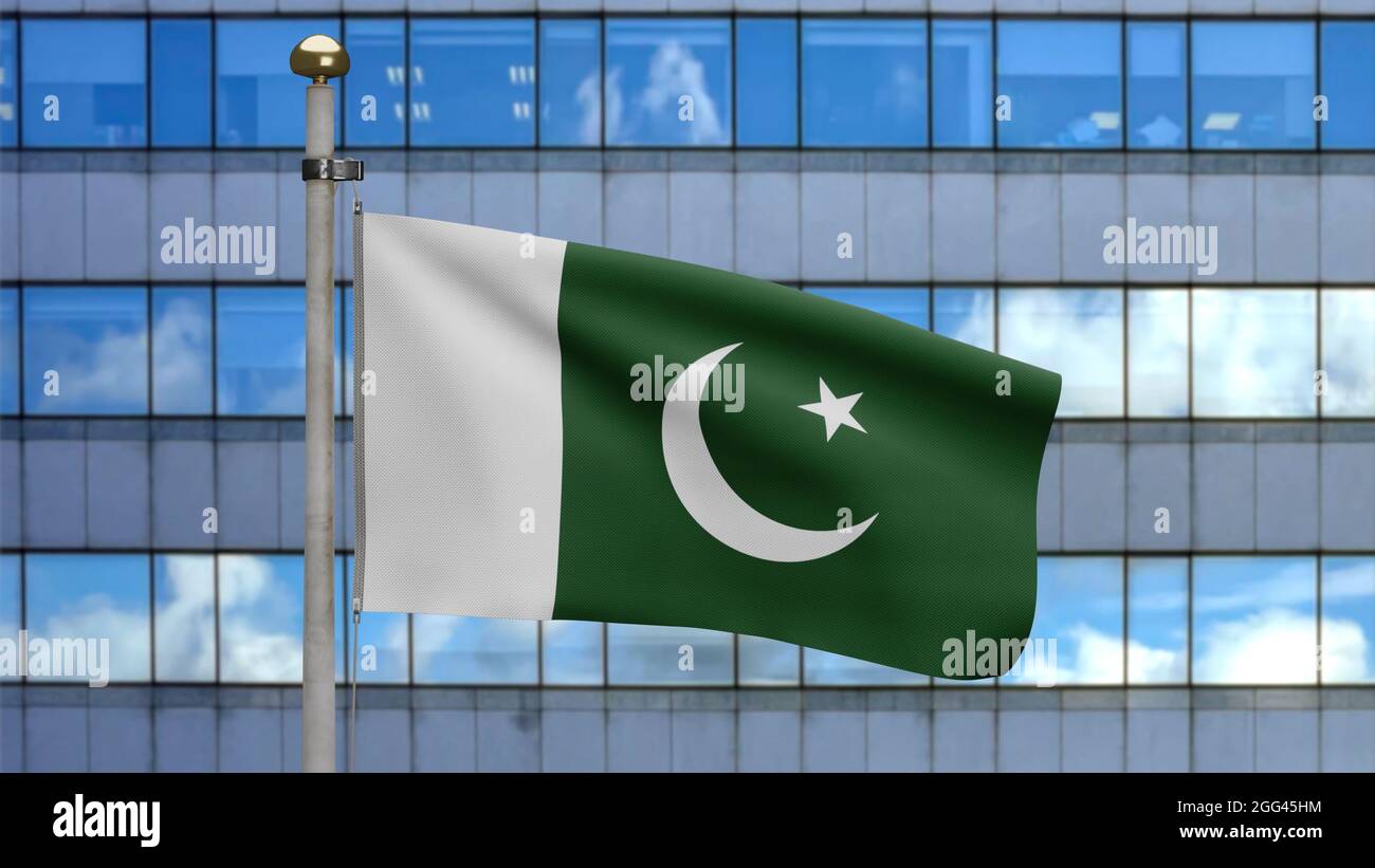 3D, Pakistani flag waving on wind with modern skyscraper city. Close up ...