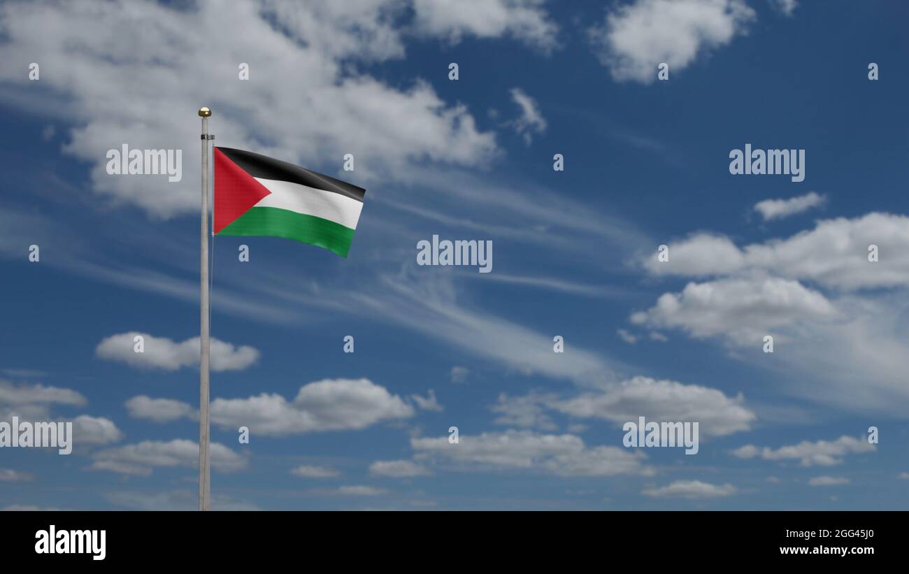 3D, Palestinian flag waving on wind with blue sky and clouds. Palestine ...