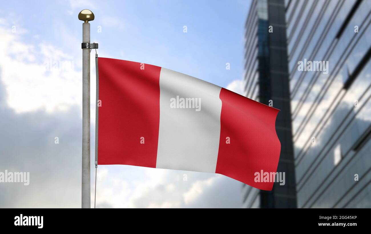 3D, Peruvian flag waving on wind with modern skyscraper city. Close up ...