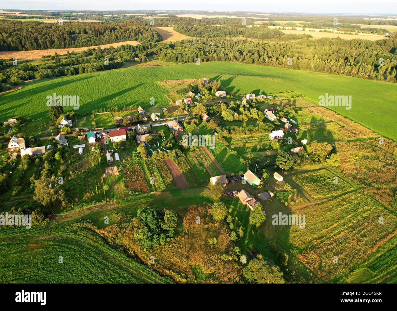 Top view of the village with wooden houses in wild among the forest and ...