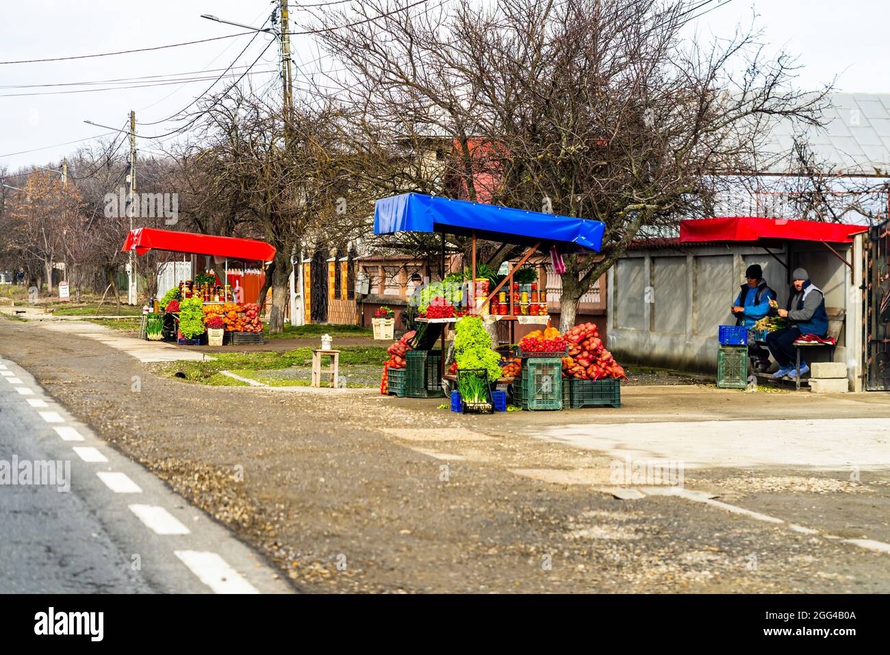Romanian peasants selling vegetables and fruits on the road in ...